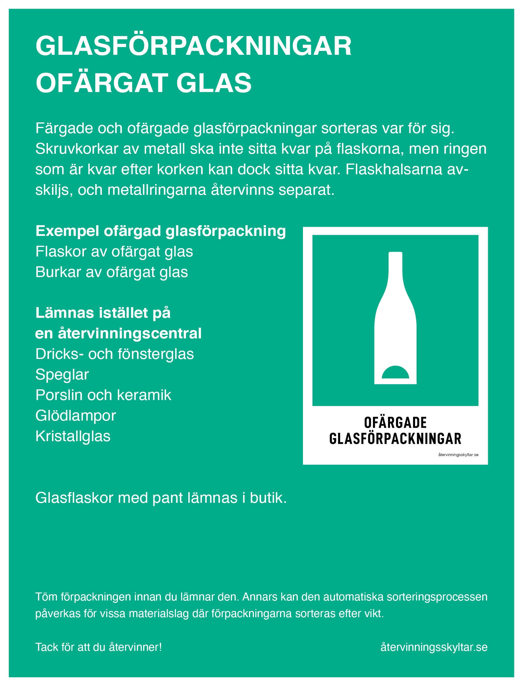 Information sign for waste sorting of uncolored glass – Återvinningsskyltar