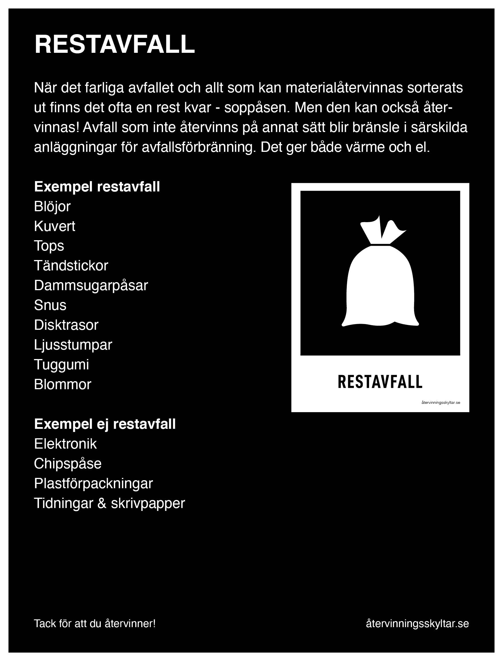 Information sign for waste sorting of residual waste – Återvinningsskyltar